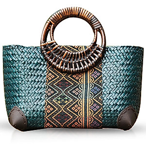 QTKJ Beach Bag for Women, Handmade Rattan Tote Bag, Round Bamboo Handle, Boho Retro pattern Straw Woven Handbag, Large Summer Beach Vacation Bag (Blue)