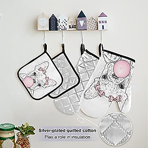 Cute French Bulldog Puppy with Pink Gum Cooking Apron Heat Insulated Microwave Oven Mitts with Pot Holder Pad Kitchen Decor 5Pcs Set Oven Gloves Protectors Mat for Grilling Baking