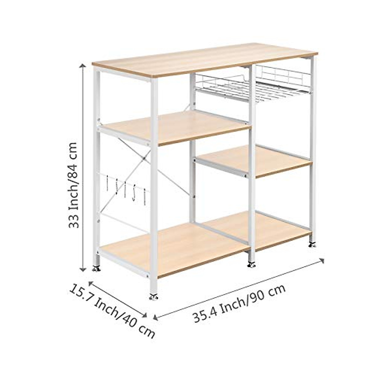 Baker's Rack 3 Tier Utility Storage Shelves with 5 Hooks Standing Storage Rack Floor Spice Rack Storage Shelf Organizer and Shelving Heavy Duty for Kitchens Microwave Living Room Bedroom (White)