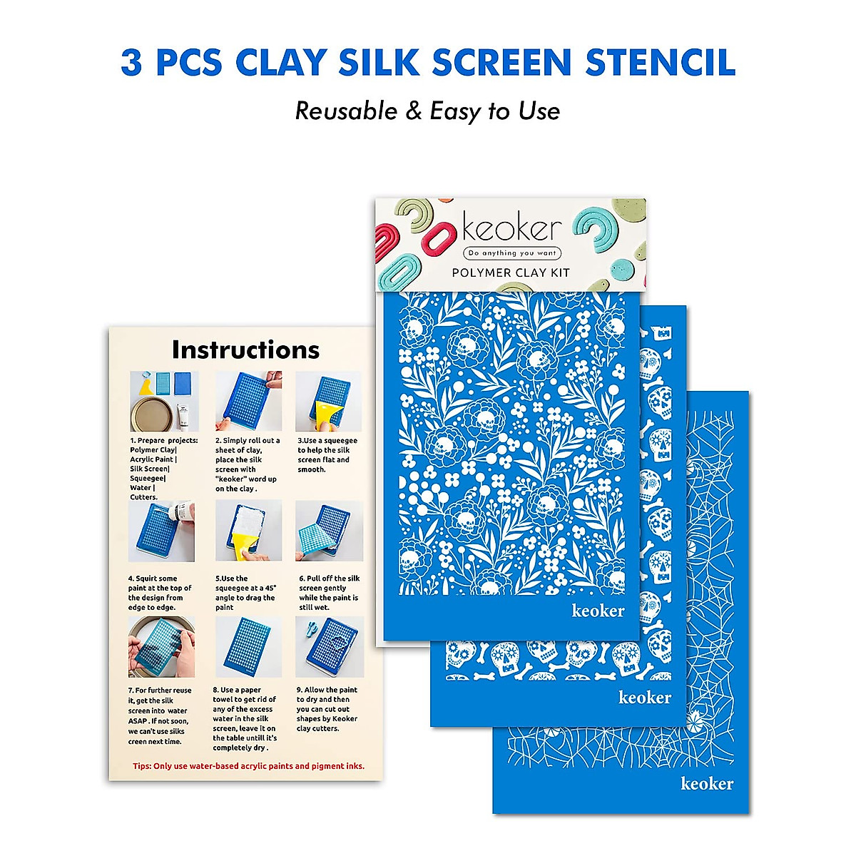 KEOKER Halloween Silk Screen for Polymer Clay, 3 PCS Reusable Silk Screen Stencils for Polymer Clay on Clay & Other Jewelry Clay Earrings Decoration, Each 6" X 3.8" (3PC Halloween 2)