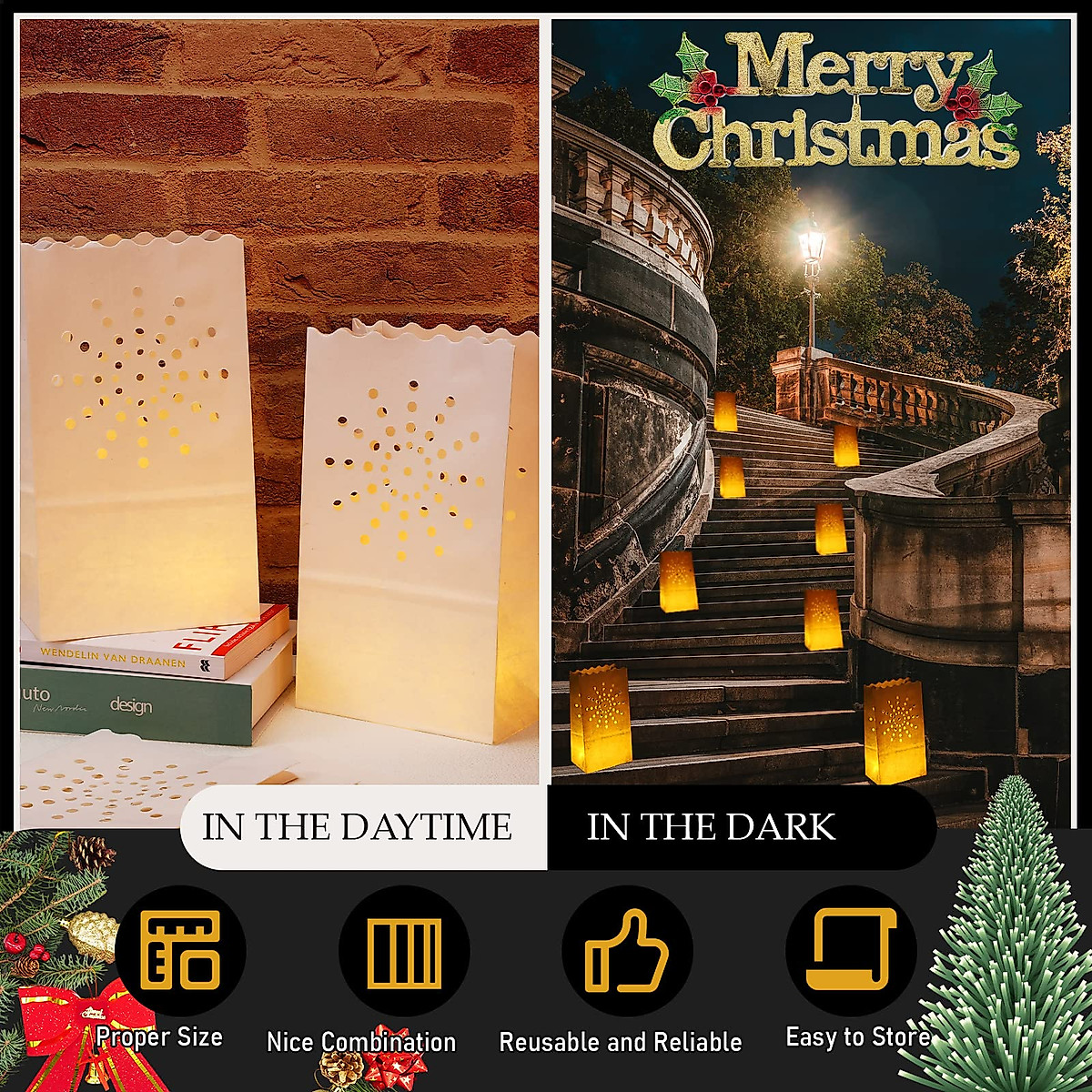 100 Pieces White Luminary Bags Christmas Luminaries Flame Resistant Candle Bags Reusable Paper Lantern Bags for Christmas Wedding Thanksgiving New Year Valentine's Day Diwali Party Decor (Sun)