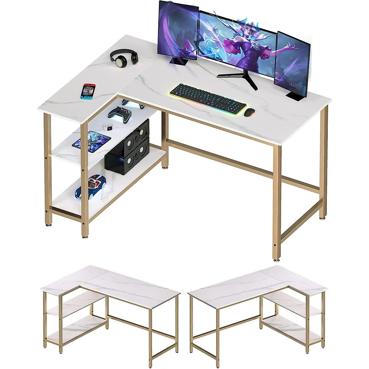 WOODYNLUX L Shaped Computer Desk - Home Office Desk with Shelf, Gaming Desk Corner Table for Work, Writing and Study, Space-Saving, White.