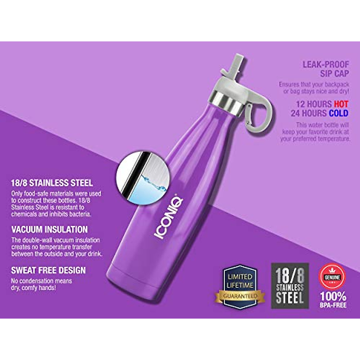 ICONIQ 17 oz Stainless Steel Vacuum Insulated Water Bottle with Pop Up Straw Cap, 17 Ounce (Gloss Purple/Gray)