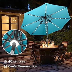 FLAME&SHADE 9 ft Double Top Solar Powered Outdoor Market Patio Table Umbrella with LED Lights and Tilt, Aqua Blue