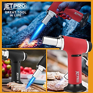 JETPRO Butane Torch Lighter One-hand Operation Kitchen Cooking Torch with Adjustable Flame for BBQ, Baking, Cream (Butane Gas Not Included) (red)