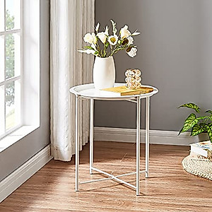 VECELO Modern End Side Tables,Round Metal Foldable Tray,Stable Snack Nightstand for Outdoors,Small Space,Living Room and Balcony, 18.5 in x 18.5 in x 19.7 in, Beige Set of 2