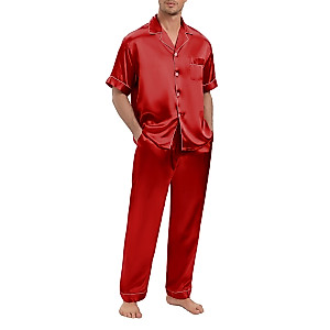 AUECK Mens Satin Pajamas Set Short Sleeve Button Down Sleepwear Soft 2 Piece Silk Loungewear with Pockets(Red,XX-Large)