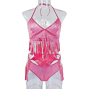 Pink Rave Outfits for Women: Music Festivals Clothes Shiny Rave Bra Crop Top with Thong Tassels Fringes Skirt Coverup Bottoms 2 Piece Lingerie Halloween Space Cowgirl Costume Cosplay Hot Pink Medium