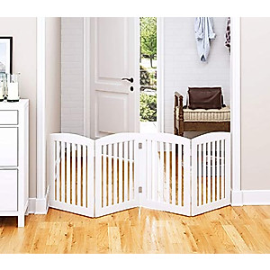 PAWLAND Wooden Freestanding Foldable Pet Gate for Dogs, 24 inch 4 Panels Step Over Fence, Dog Gate for The House, Doorway, Stairs, Extra Wide (White, 24" Height-4 Panels)