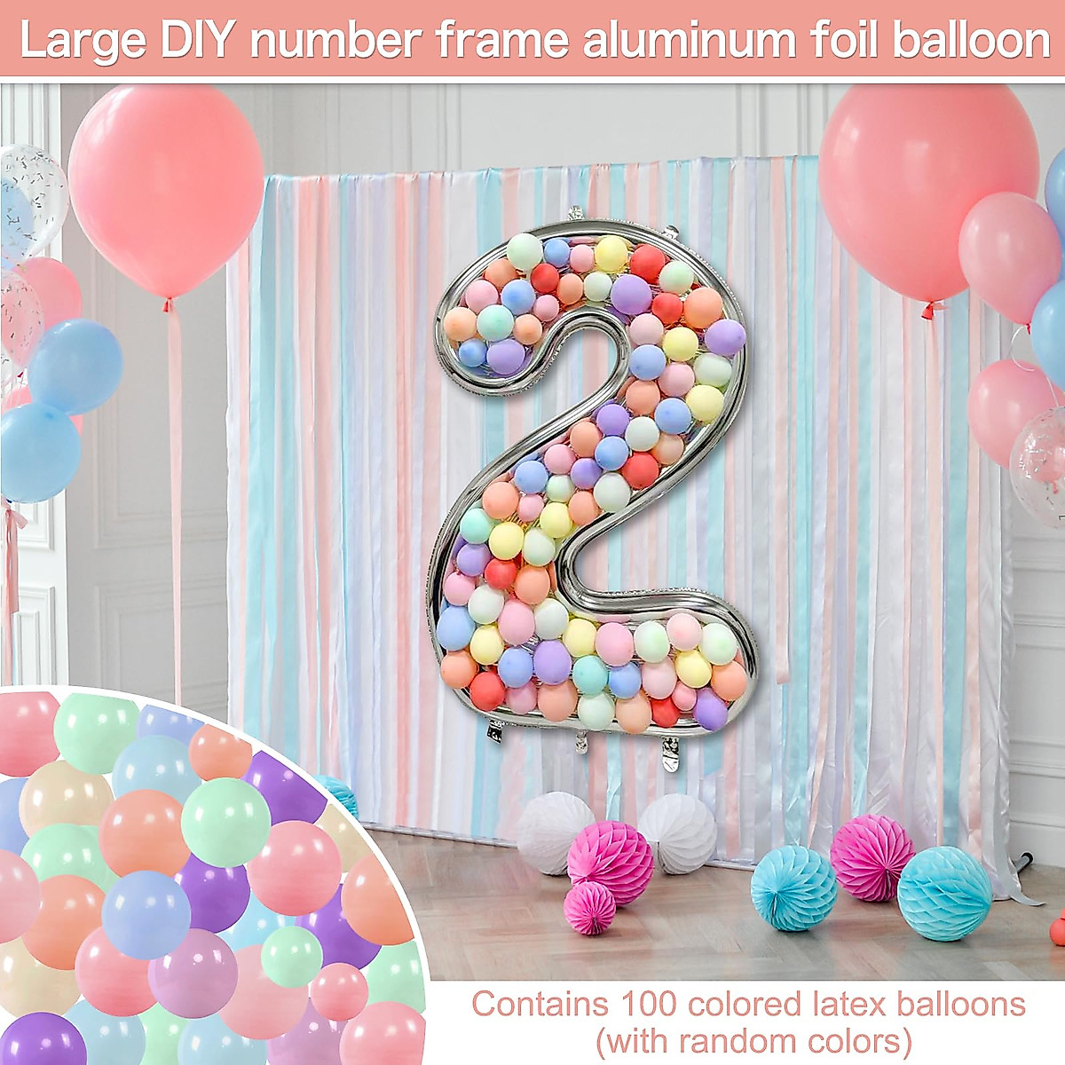 101Pcs Big Number Balloons Frame Set Including 1Pcs 65 Inch Silver Mylar Number Balloon Frame 100Pcs Macaron Balloons Ideal for Birthday Party Celebration Anniversary Wedding Backdrop Decor (number 2)