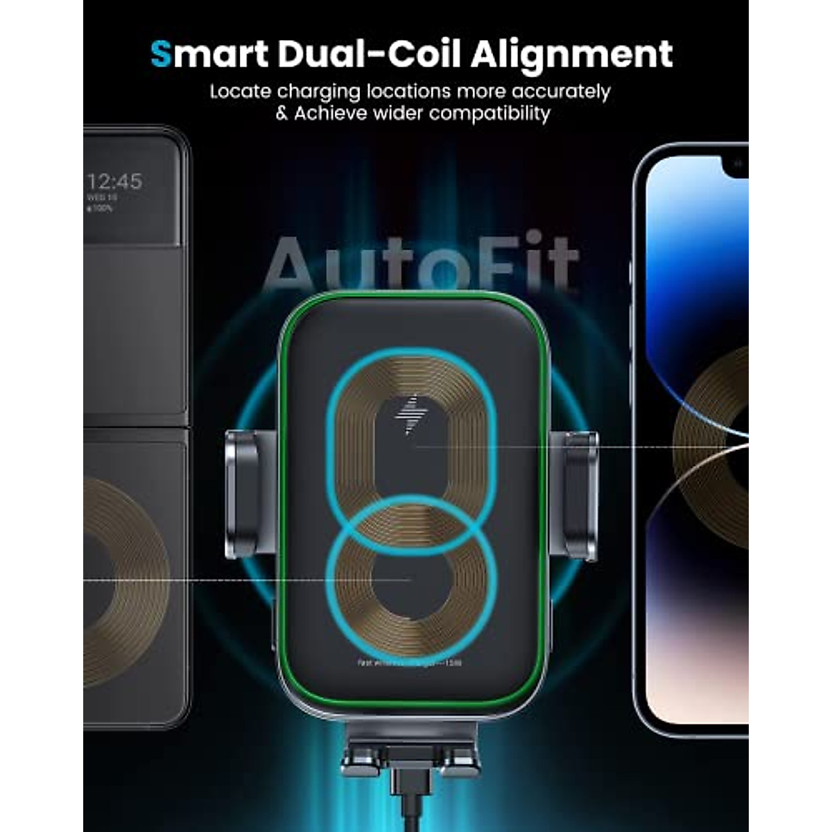 APPS2Car Dual Coil Wireless Car Charger Auto Clamping 15W Cup Holder Phone Mount Wireless Charger Fast Charge Tri-Pivots Height Angle Adjustable Phone Holder for Car Truck iPhone 14 13 Samsung S23 S22