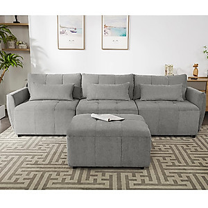 P PURLOVE Convertible Sectional Sofa Couch,3-Seat L-Shaped Sectional Sofa with Movable Ottoman,Upholstered Chenille Living Room Sofa Furniture Set for Living Room Home Office Apartment