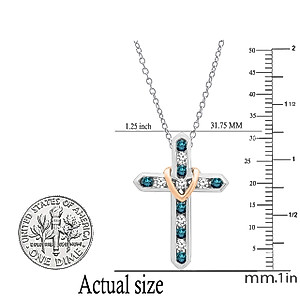 Dazzlingrock Collection Round Blue Diamond & White Sapphire Ladies Heart And Cross Pendant (Silver Chain Included), 10K White & Rose Gold