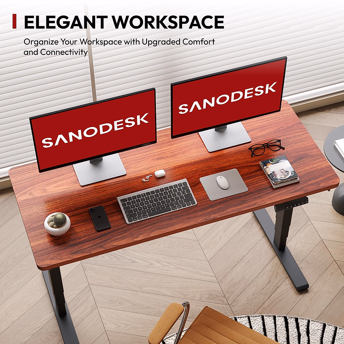 SANODESK 55" Electric Standing Desk, Dual Motor Height Adjustable Desk, Stable and Durable 3-Stage Stand up Desk for Home Office (Black Frame/55 x 28 Inch Mahogany top)