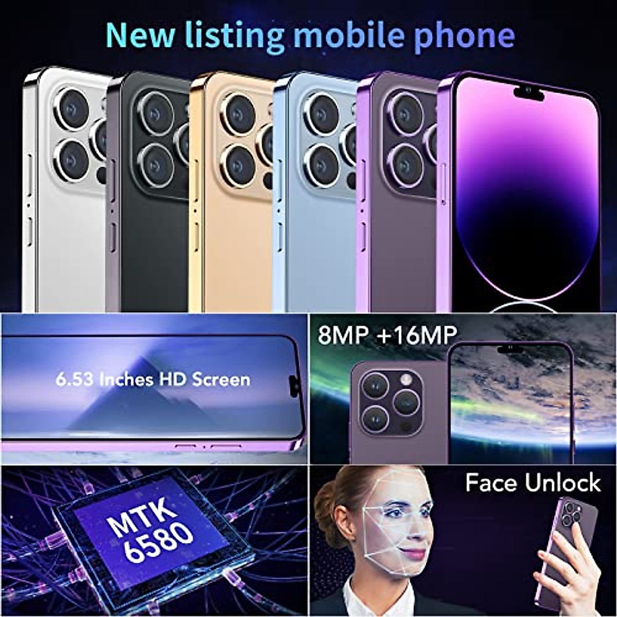 TUORE Big Screen Smartphone, Rear Front Camera 2.0GHz 2 Card 2 Standby Amazing Clarity 3G Smartphone 3500mAh Battery Fast Positioning 100-240V for Daily Use (Blue)