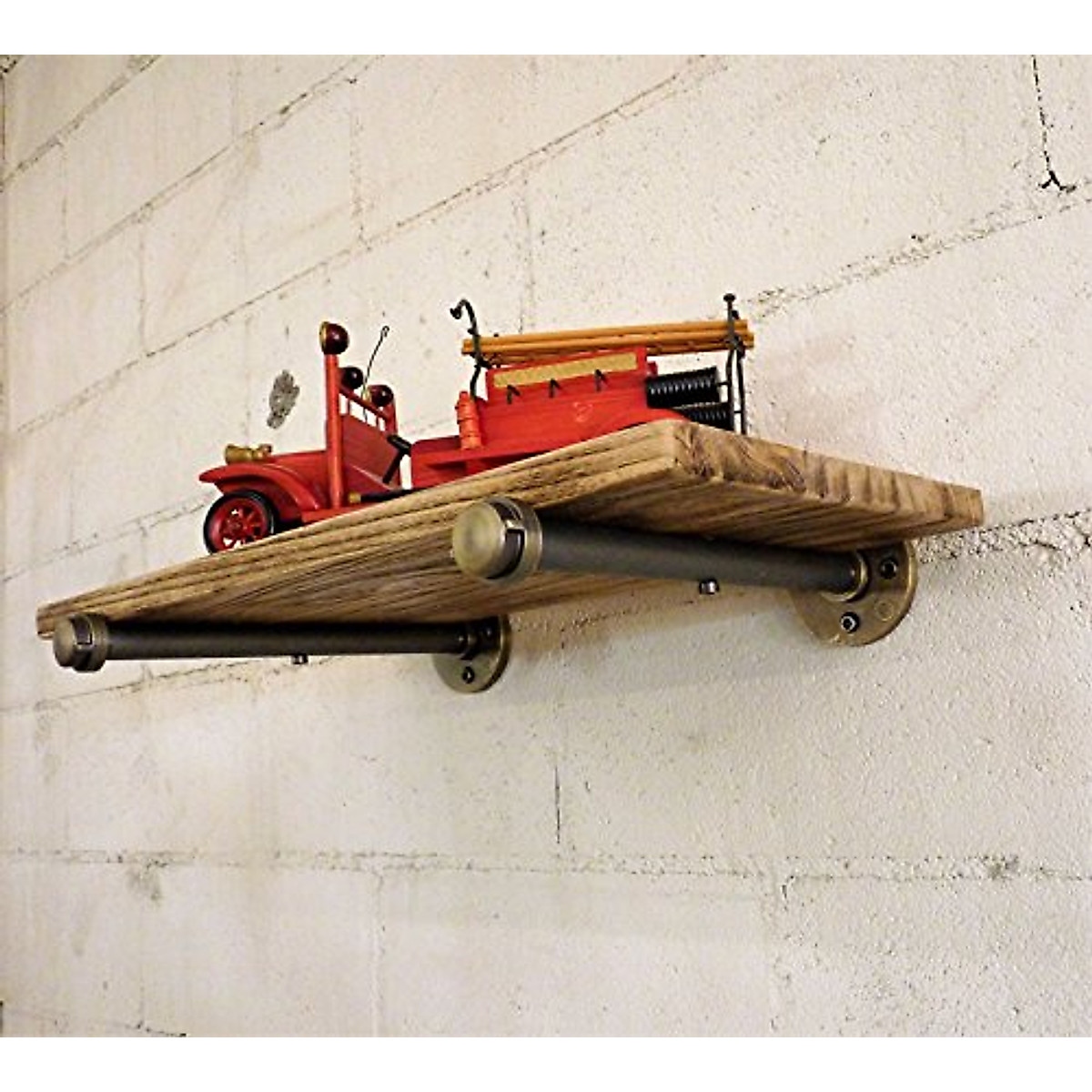 Furniture Pipeline Rustic Decorative Wall Mounted Single Shelf Metal with Reclaimed Aged Wood Finish, Grey Steel Pipe and Brass Fitting with Natural Stained Wood, 24" W