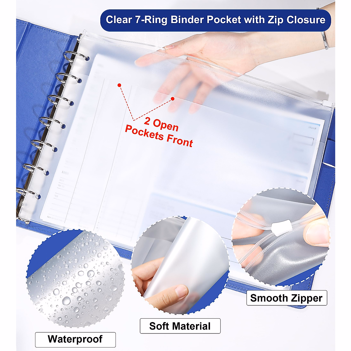 SUNEE 7 Ring Check Binder for Business Checks with Zipper Pouch, PU Leather Blue Checkbook Binder Portfolio, 600 Checks Capacity for 9 x 13 Inch Sheet, Office Folder Supplies