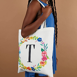 Okuna Outpost Set of 2 Reusable Monogram Letter T Personalized Canvas Tote Bags for Women, Floral Design (29 Inches)