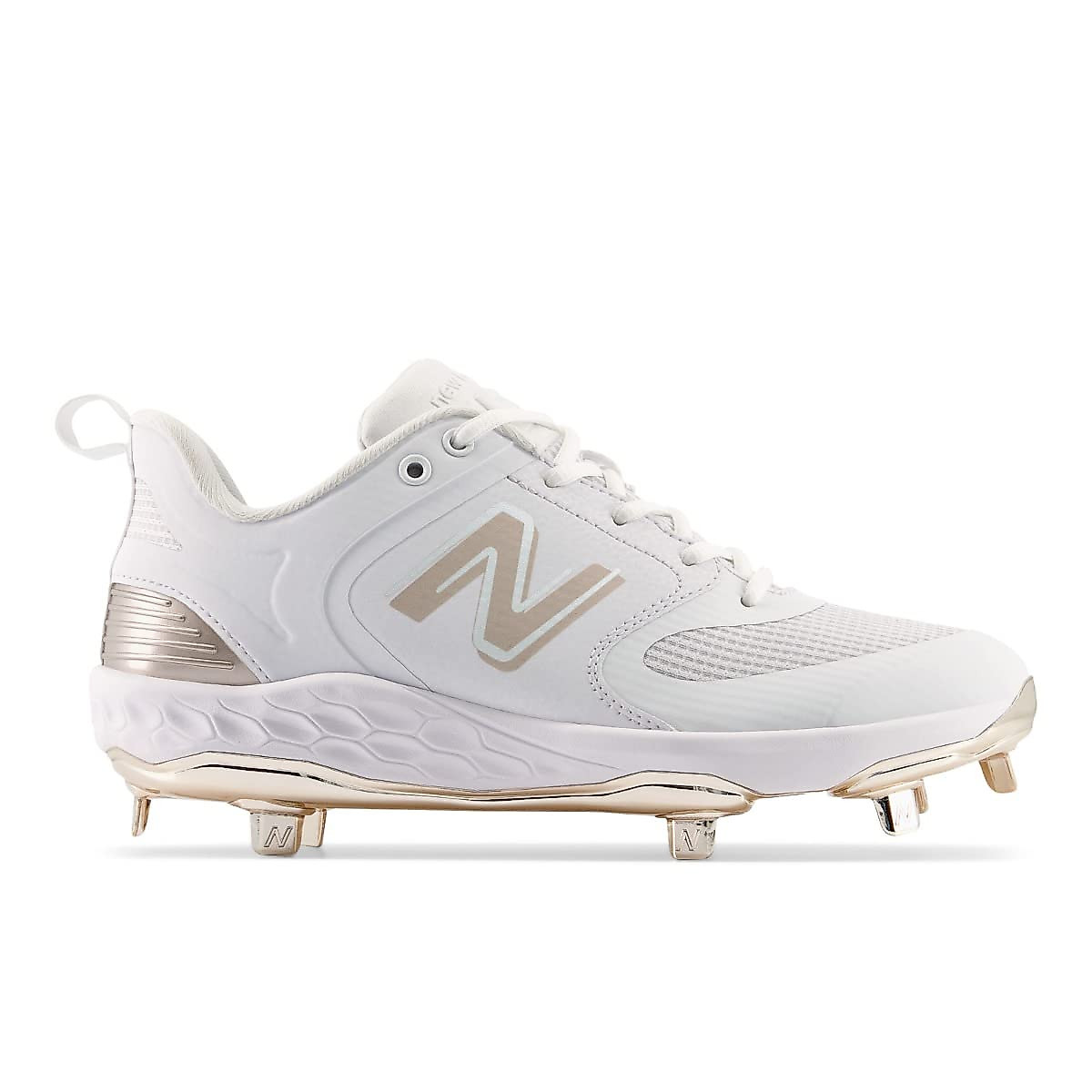New Balance Women's Fresh Foam Velo V3 Softball Shoe, White/Champagne Metallic, 11