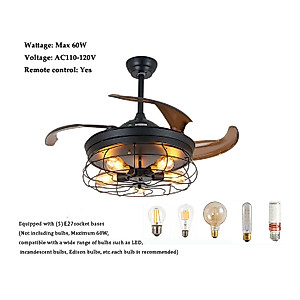 OUKANING Ceiling Fan with Light Industrial Ceiling Fan Retractable Blades Vintage Cage Chandelier Fan with Remote Control-5 Edison Bulbs Needed Not Included (36 Inch)