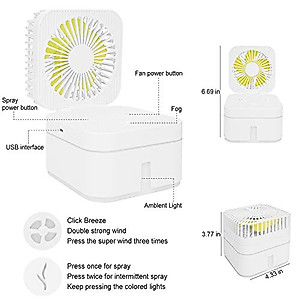 ACTNOW Mini Humidifer Desk Fan With USB, 3 Speed Small Fan with 7 Colors Night Light, Quiet Portable Fan of 4.1' L x 4.1" W x 3.9" H In office, Cooling Air Conditioner Mini Fan for Bedroom (White)