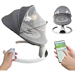 Luxccaiw Baby Swing for Infants,Electric Bouncer for Babies- Bluetooth Touch Screen/Remote ControTiming Function 5 Swing Speeds Baby Rocker Chair with Music Speaker 5 Point Harness Remote Control Gray