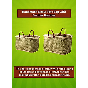 Serene Spaces Living Small Handmade Straw Tote Paired with Leather Handles, Raffia Lined Handbag, Straw Beach Bag, Summer Tote for Everyday Use, Grocery Shopping, 19.5" Long, 8.5" Wide & 10.5" Tall