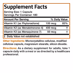 Vitamin K Triple Play (Vitamin K2 MK7 / Vitamin K2 MK4 / Vitamin K1) Full Spectrum Complex Vitamin K Supplement, 180 Capsules