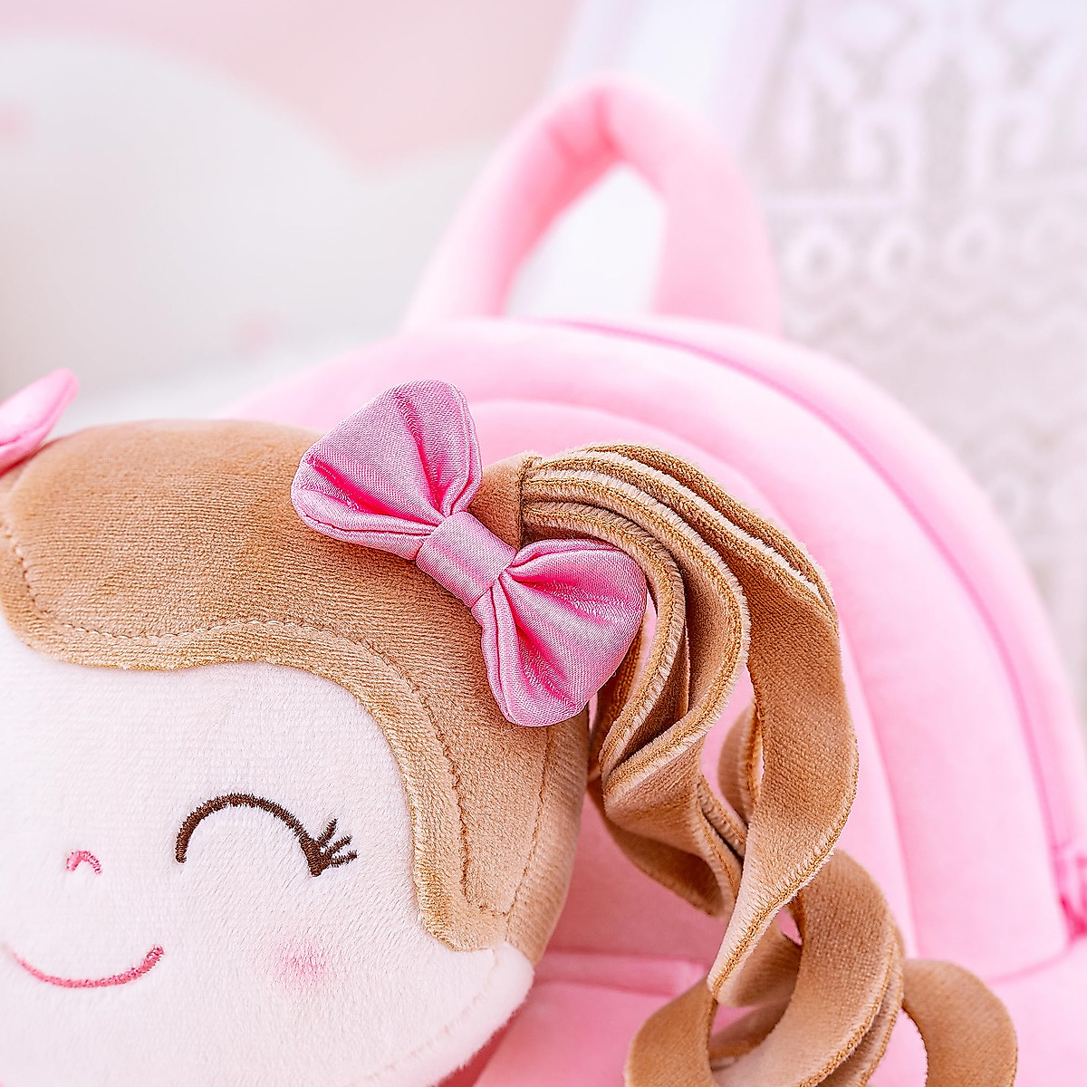 Gloveleya Toddler Girls Backpack for Kids with Soft Toys Plush Curly Ballerina Doll Pink 9 Inches