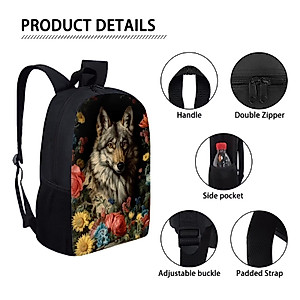 Vintage Floral Wolf Backpack for Boys Girls Elementary Cute School Bag with Padded Back Adjustable Straps Personalized Trendy Large Capacity Backpack 17 Inch Student Basic Black Bookbag