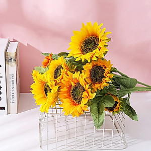 MIZZLES 6pcs Artificial Sunflowers, Long Single Stem Realistic Silk Fake Sunflower Decoration for Home Hotel Office Wedding Party Garden