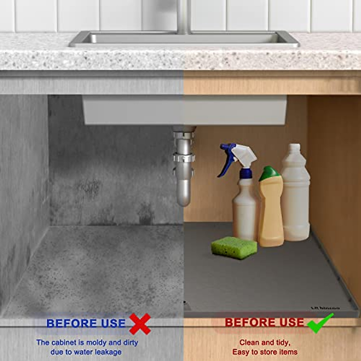 Under Sink Mats for Kitchen Waterproof - Thick 34" x 22" Under Sink Mat Silicone Under Sink Liner with Drain Hole，Under Sink Drip Tray for Kitchen Bathroom Cabinets (Grey)