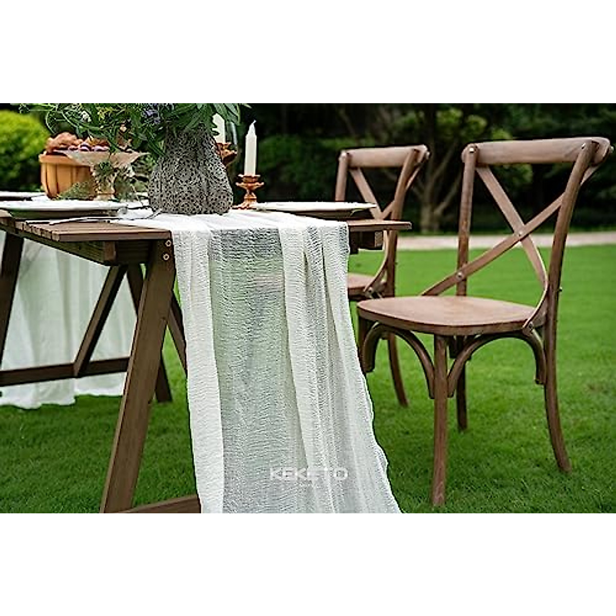 Keketo Ivory Gauze Rustic Cheesecloth Table Runner 120 Inch 10 FT for Wedding Baby Shower Bridal Shower Birthday Engagement Garden Outdoor Party Long Sheer Boho Decorations