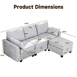 Real Relax 81.5'' Convertible Sectional Sofa Couch, 3 Seats L Shaped Linen Fabric Modular Sofa with Removable Pillows and Movable Ottoman, Light Gray