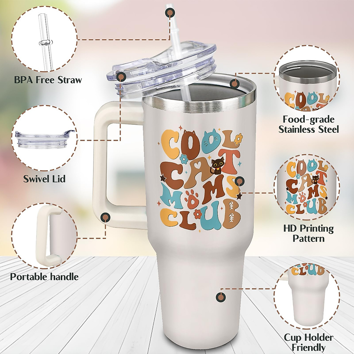 qoepfnsh 40 oz Cat Mama Tumbler with Handle and Straw, Stainless Steel Insulated Cat Travel Coffee Mug Cup Water Bottle, Cat Mama Themed Gifts Stuff for Women, Cat Lover Gifts for Women Girls