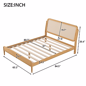 RuiSiSi Queen Bed Frame with LED Lights Rattan Platform Bed Frame with Natural Rattan Headboard (Natural, Queen)