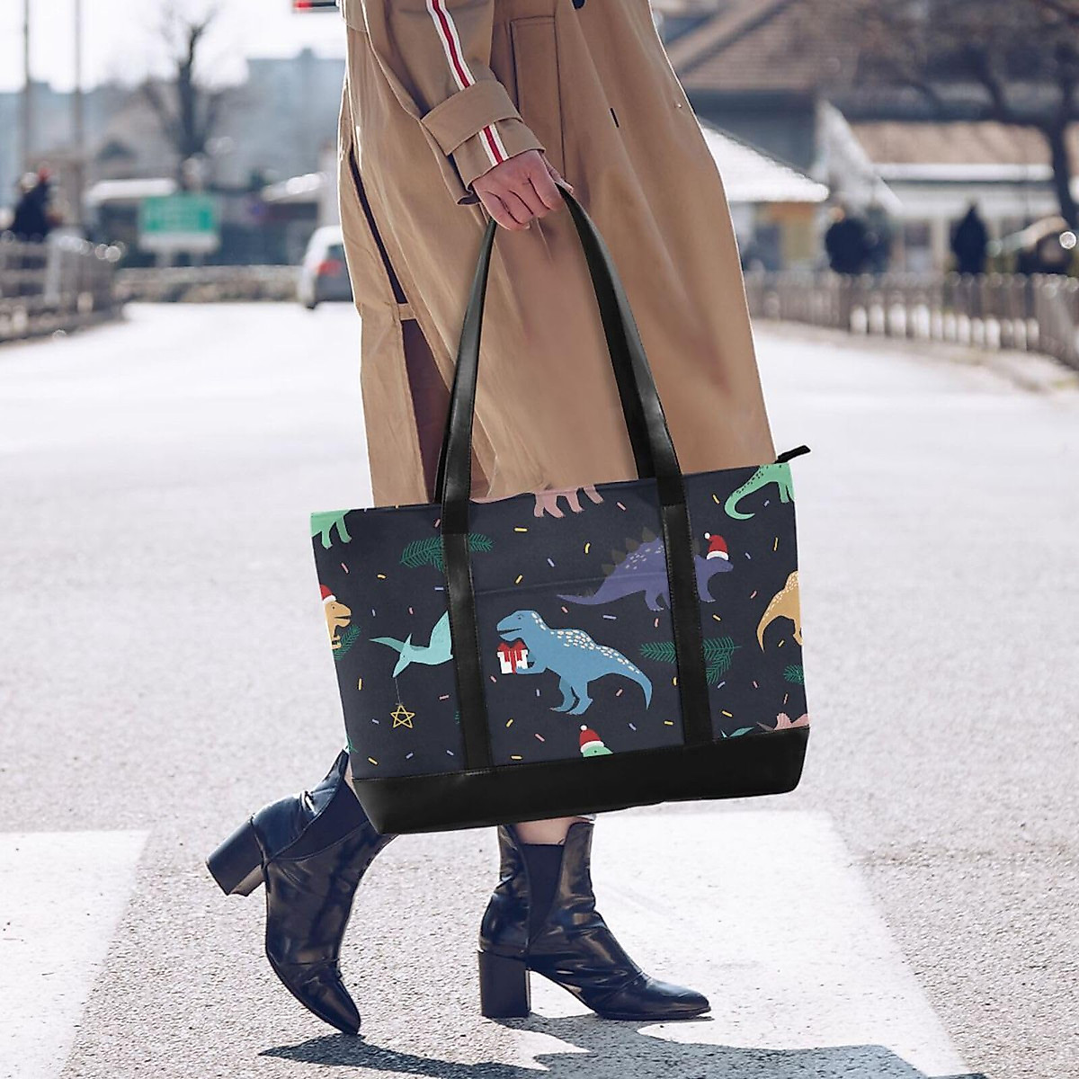 Christmas Dinosaur Gifts Laptop Tote Bag for Women Work Travel Bag Canvas Teacher Tote Bags Handbags Purse with Zipper
