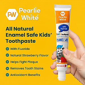 Pearlie White 99.78% Natural Fluoride Kids Toothpaste (1.58oz, 45gm) | Kids Toothpaste with Fluoride | Extra Gentle Enamel Safe Toothpaste for Kids | Low RDA | Natural Strawberry Flavor