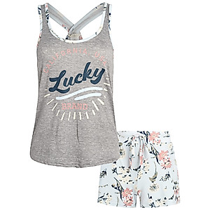 Lucky Brand Women's Pajama Set - 2 Piece Cross Back Tank Top and Sleep Shorts (S-XL), Size Large, GreyNanette Floral