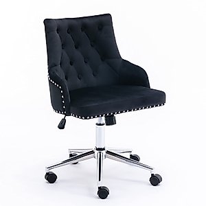 Freemax Velvet Desk Chair Tufted Office Chair with Wheels Accent Vanity Chair Fabric Task Swivel Armchair for Bedroom Living Room Black