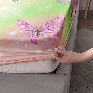 Datura home Bedding Fitted Sheet and Flat Sheet Set 4Pcs Colorful Rainbow Butterfly Printed Bedding Set with 1 Flat Sheet and 1 Fitted Sheet+2 Pillowcases for Girls (Rainbow Butterfly),Twin 67x97inch