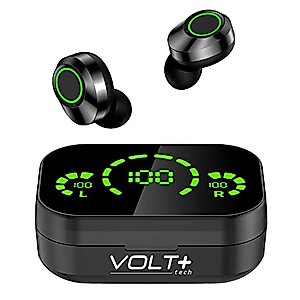 VOLT+ Plus TECH Wireless V5.3 LED Pro Earbuds Compatible with Apple iPhone 14/14 Pro/14 Pro Max/14 Mini IPX3 Water & Sweatproof/Noise Reduction & Quad Mic(Black)