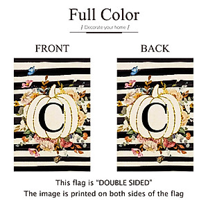 ORTIGIA Monogram Letter C House Flag Fall Pumpkin 28x40 Inch Double Sided Vertical Thankful Floral Yard Flag for Outside Burlap Family Last Name Initial Yard Seasonal Holiday Outdoor Decoration