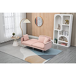FULife 65" Mid Century Modern Velvet Upholstered Futon Sofa Split Back Loveseat Convertible Sleeper Couch Bed Daybed,Folding Recliner with Armrest&2 Pillows for Living Room/Compact Space, Pink