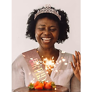SWEETV 50th Birthday Crown Tiara Sash for Women Rose Gold Birthday Queen Sash and Tiara Crown Set Rhinestone Princess Headband for Birth Day Party Photograph, for Ages 15+
