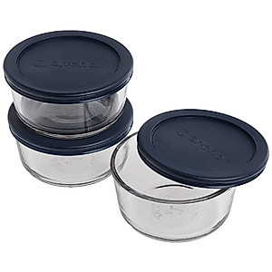 Anchor Hocking Round Glass Food Storage Containers with Blue SnugFit Lids, (BPA free, glass tempered tough for oven, microwave, fridge, and freezer), Clear Glass, Blue Lids, 2 Cup (Set of 3)