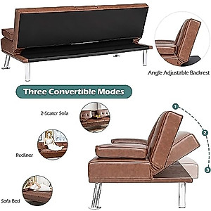Convertible Folding Futon Sofa Bed with Metal Legs & 2 Cupholders, Modern Fabric Linen Upholstered Couch Loveseat Sleeper, Folding Couches Bed, Removable Armrests for for Small Spaces (Coffee)