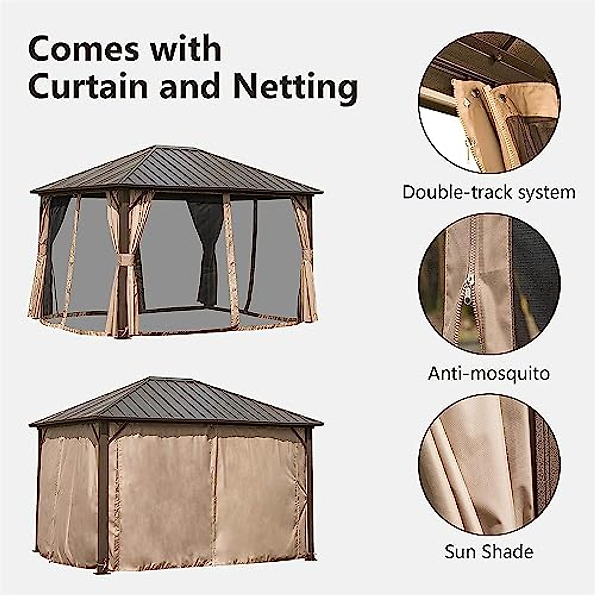 UBGO 10'x12' Outdoor Gazebo,Metal Gazebos with Netting & Curtains,Permanent Outdoor Galvanized Steel Roof Gazebo with Aluminum Frame,for Garden, Patios, Lawns, Parties(Dark Brown)