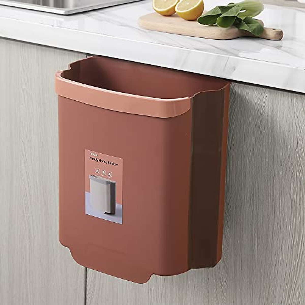 INSHA Hanging Trash Can,Small in-Cabinet Kitchen Garbage Bin Can Easy Attached to Cabinet Door Kitchen Drawer Car Waste Can with Top Ring to Fix Garbage Bag (ZDLJT-Brown)
