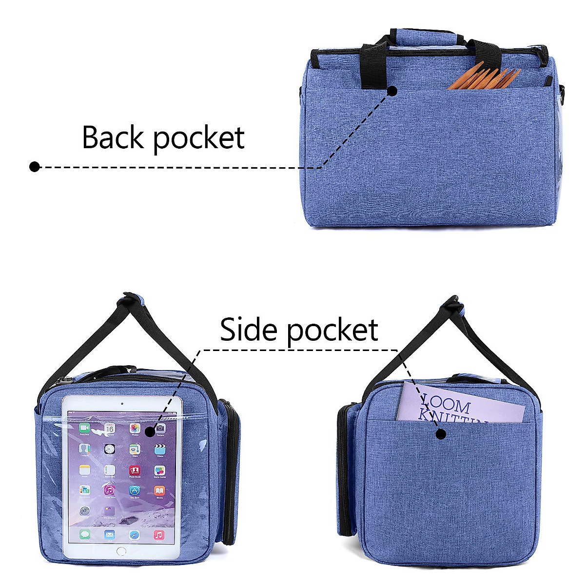 Teamoy Knitting Bag with Inner Detachable Divider, Yarn Storage Crochet Bag for Unfinished Projects, Crochet Hooks and Other Accessories, Dark Blue